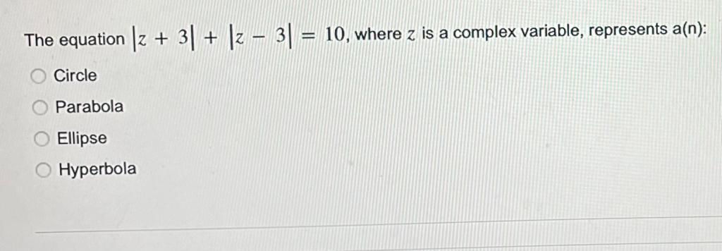 Solved The equation ∣z+3∣+∣z−3∣=10, where z is a complex | Chegg.com