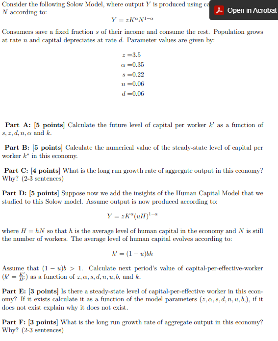 Solved Consider the following Solow Model, where output Y is | Chegg.com
