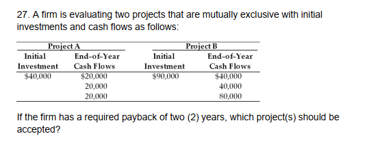Solved 27. A firm is evaluating two projects that are | Chegg.com
