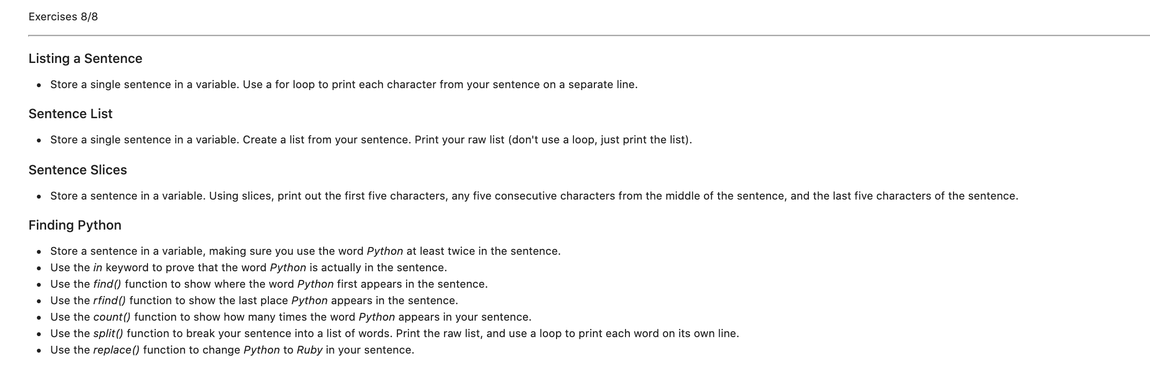 Solved Exercises 8/8 Listing a Sentence . Store a single | Chegg.com