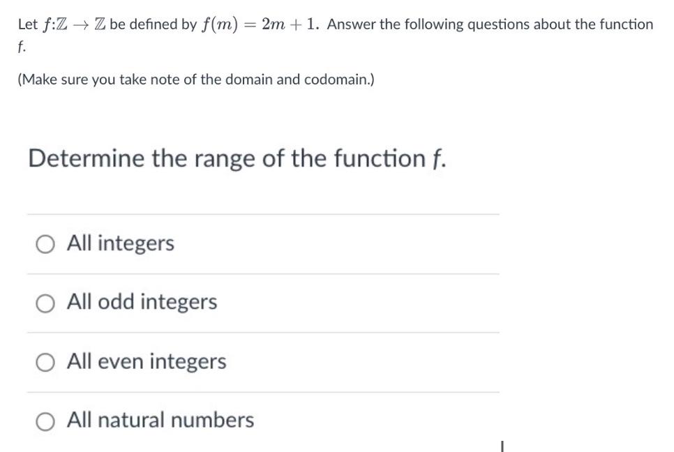Solved Let f:Z→Z be defined by f(m)=2m+1. Answer the | Chegg.com