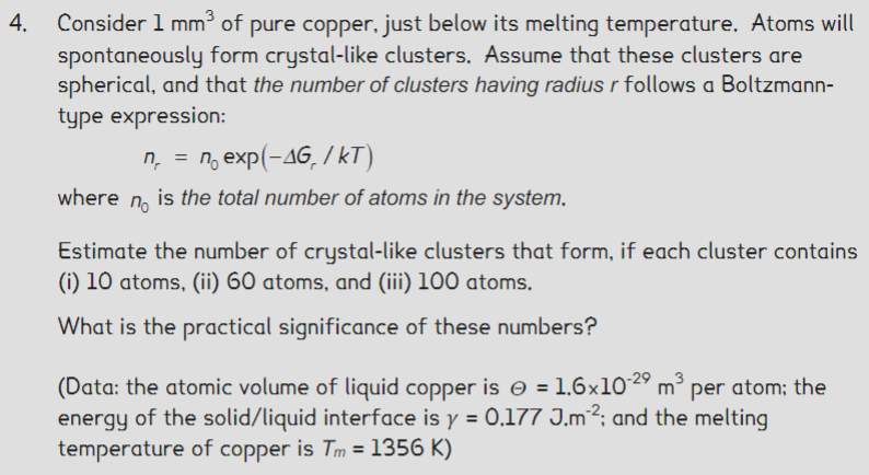 Solved Consider 1 mm3 of pure copper, just below its melting | Chegg.com