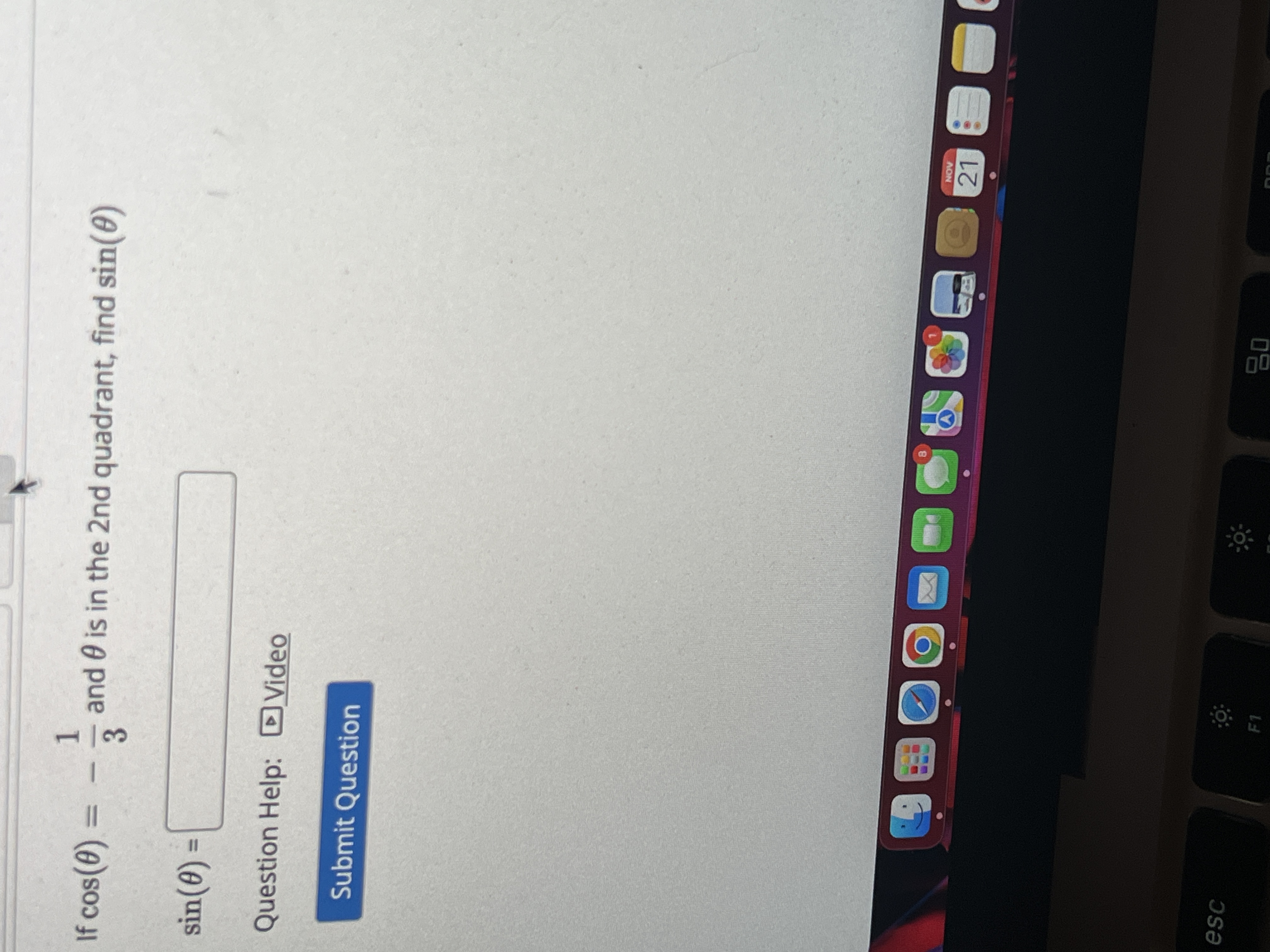 Solved If cos(θ)=-13 ﻿and θ ﻿is in the 2 ﻿nd quadrant, find | Chegg.com