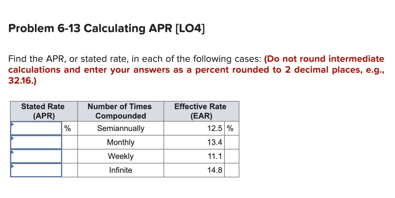 Solved Problem 6-13 Calculating APR (LO4] Find the APR, or | Chegg.com