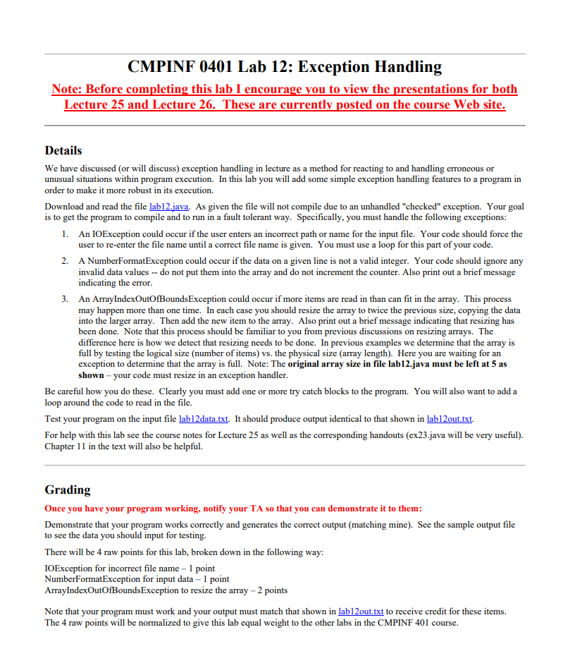 Solved CMPINF 0401 Lab 12: Exception Handling Note: Before | Chegg.com