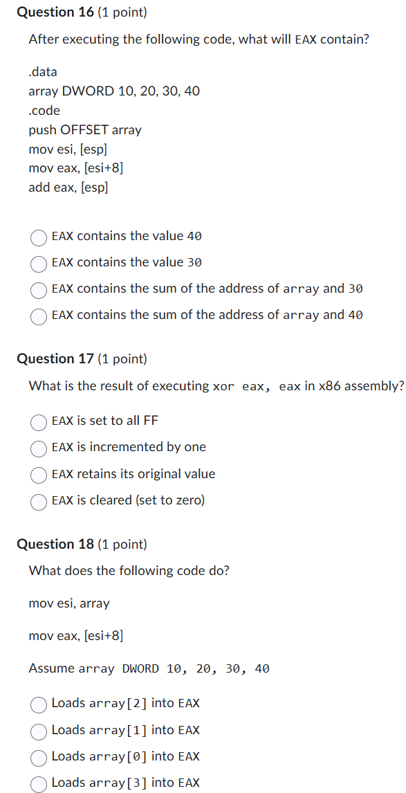 Solved Question 16 (1 point)After executing the following | Chegg.com Solved Question 16 (1 point)After executing the following | Chegg.com