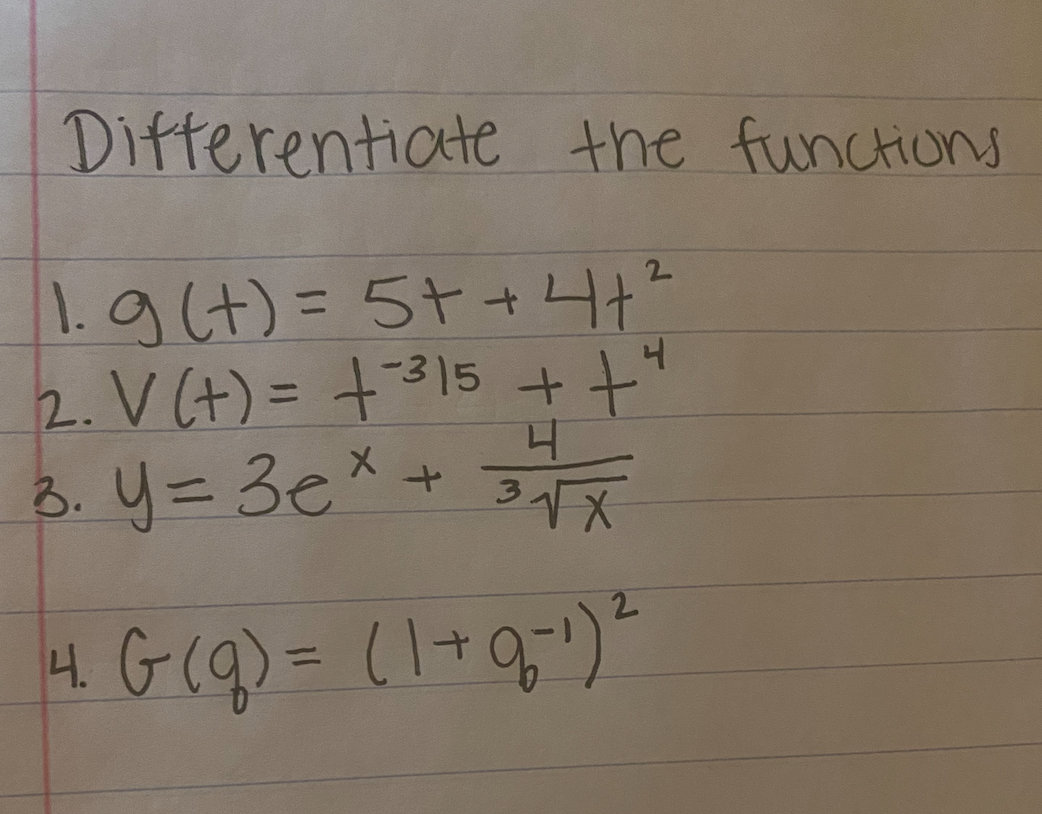 Solved Differentiate the functions 2 니 1. g(t)=5++4+² 2. V | Chegg.com