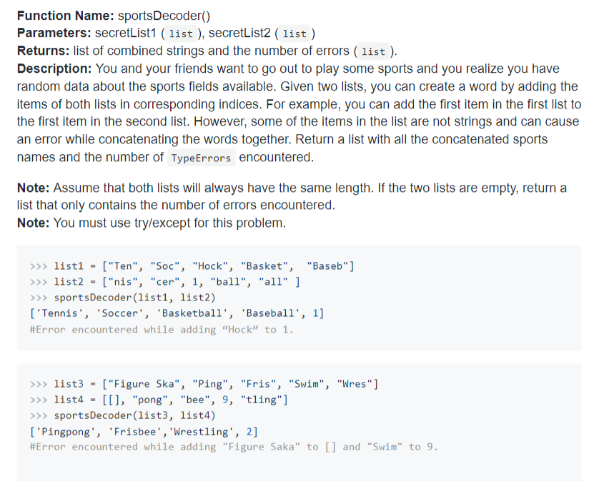 Solved Function Name: sportsDecoder() Parameters: | Chegg.com
