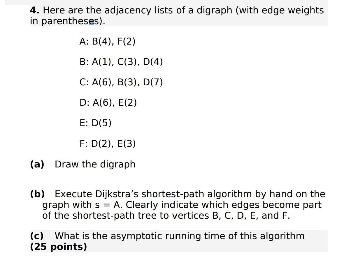 Solved 4. Here are the adjacency lists of a digraph (with | Chegg.com