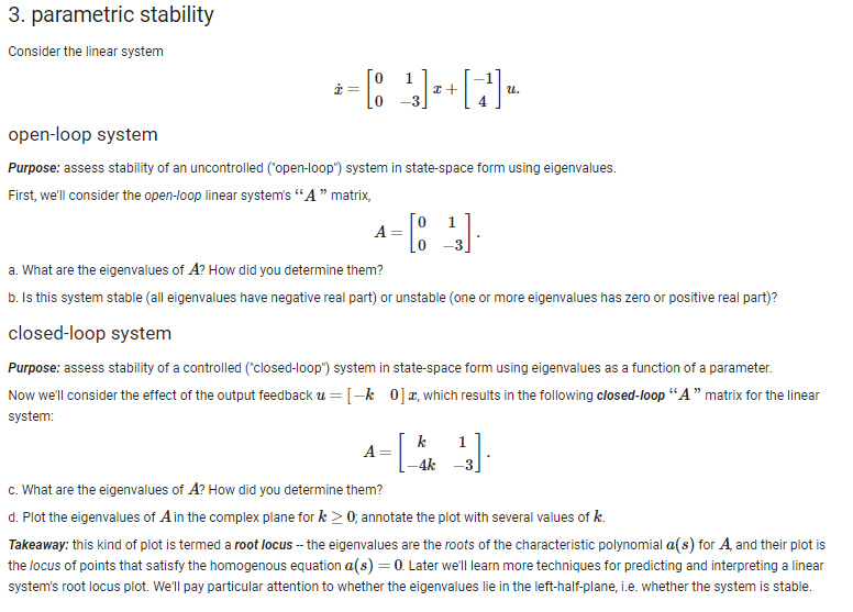 Solved 3. parametric stability Consider the linear system 1 | Chegg.com