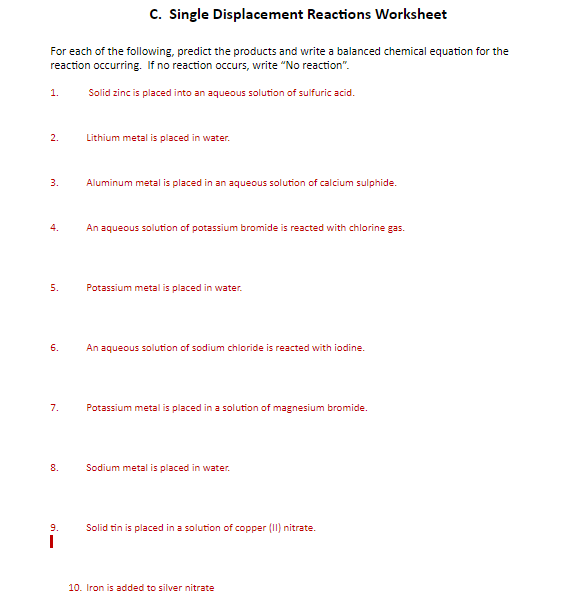 Solved C. Single Displacement Reactions Worksheet For each | Chegg.com