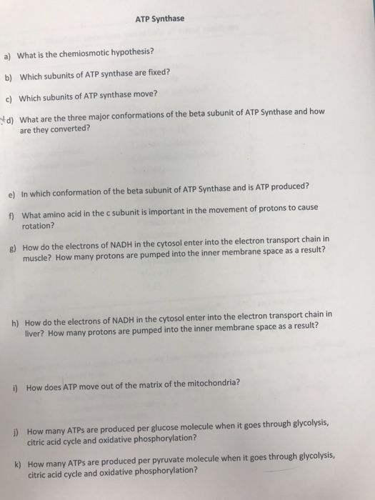Solved ATP Synthase a) What is the chemiosmotic hypothesis? | Chegg.com