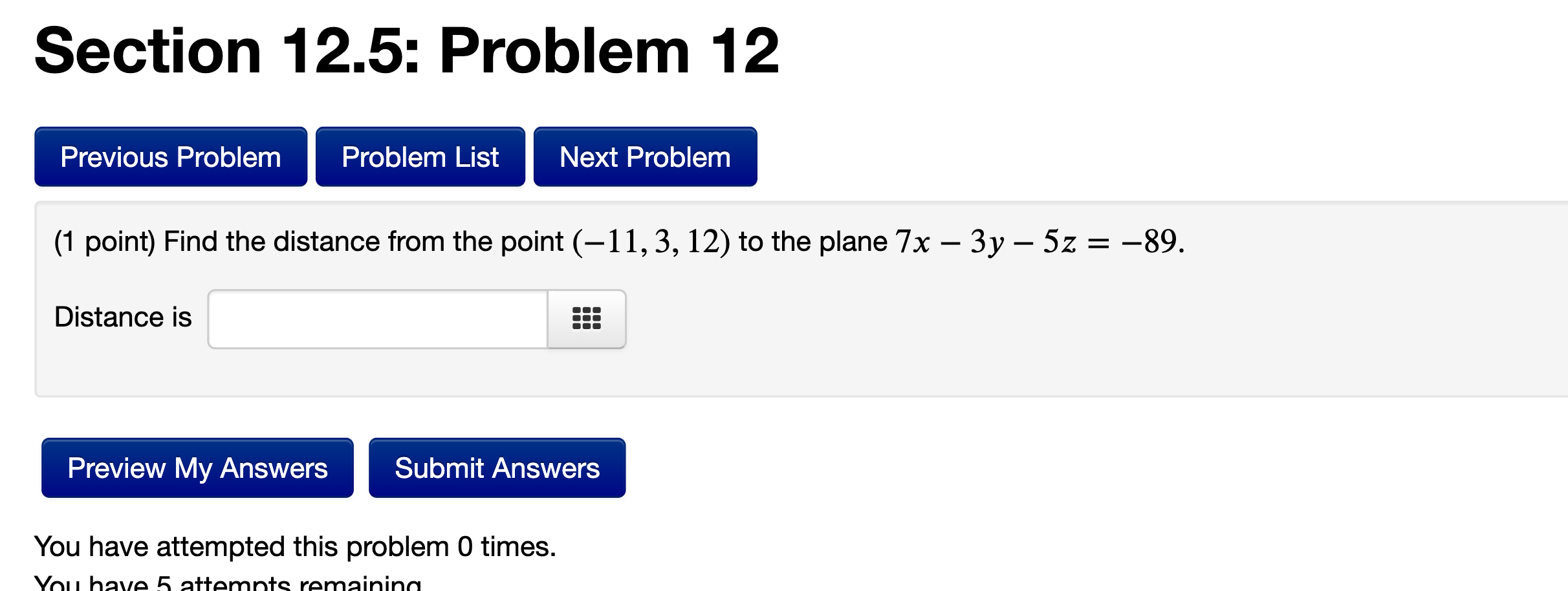 Solved (1 point) Find the distance from the point (−11,3,12) | Chegg.com Solved (1 point) Find the distance from the point (−11,3,12) | Chegg.com