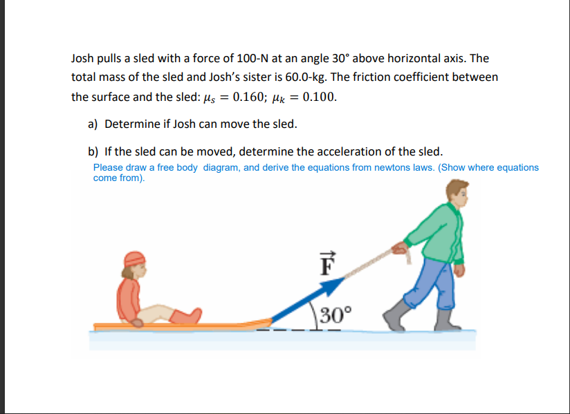 Solved Josh pulls a sled with a force of 100−N at an angle | Chegg.com