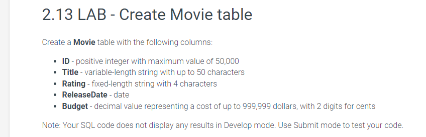 Solved 2.13 LAB - Create Movie table Create a Movie table | Chegg.com