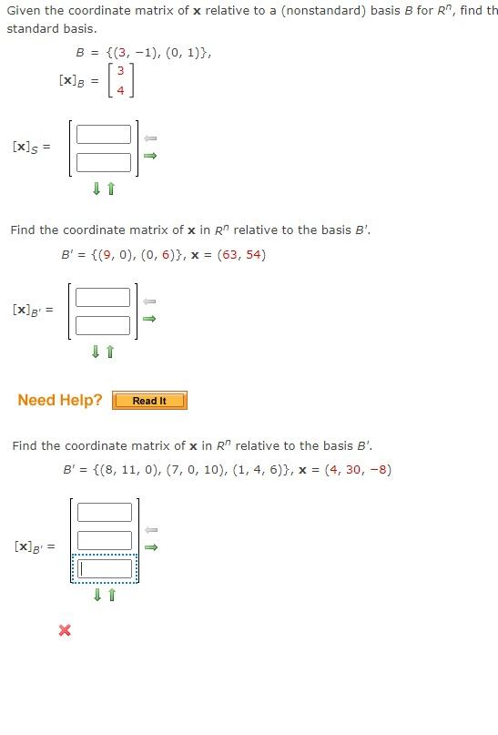 Solved Given the coordinate matrix of x relative to a | Chegg.com