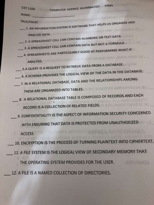 Solved CST 1100 FINAL COMPUTER SCIENCE ILLUMINATED NAME: | Chegg.com