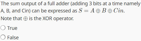 Solved The sum output of a full adder (adding 3 bits at a | Chegg.com