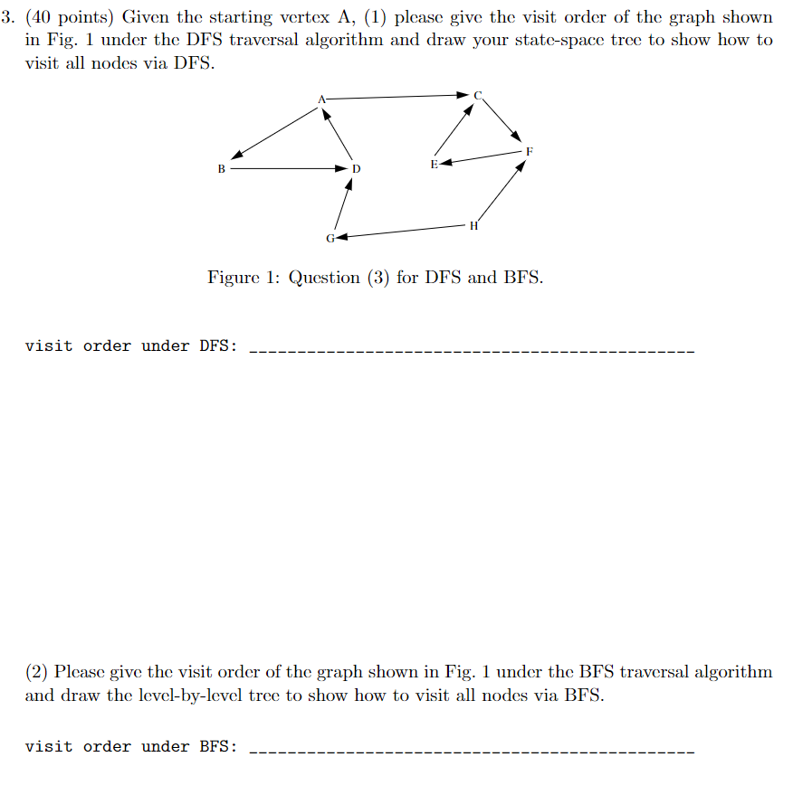 Solved (40 points) Given the starting vertex A, (1) please | Chegg.com