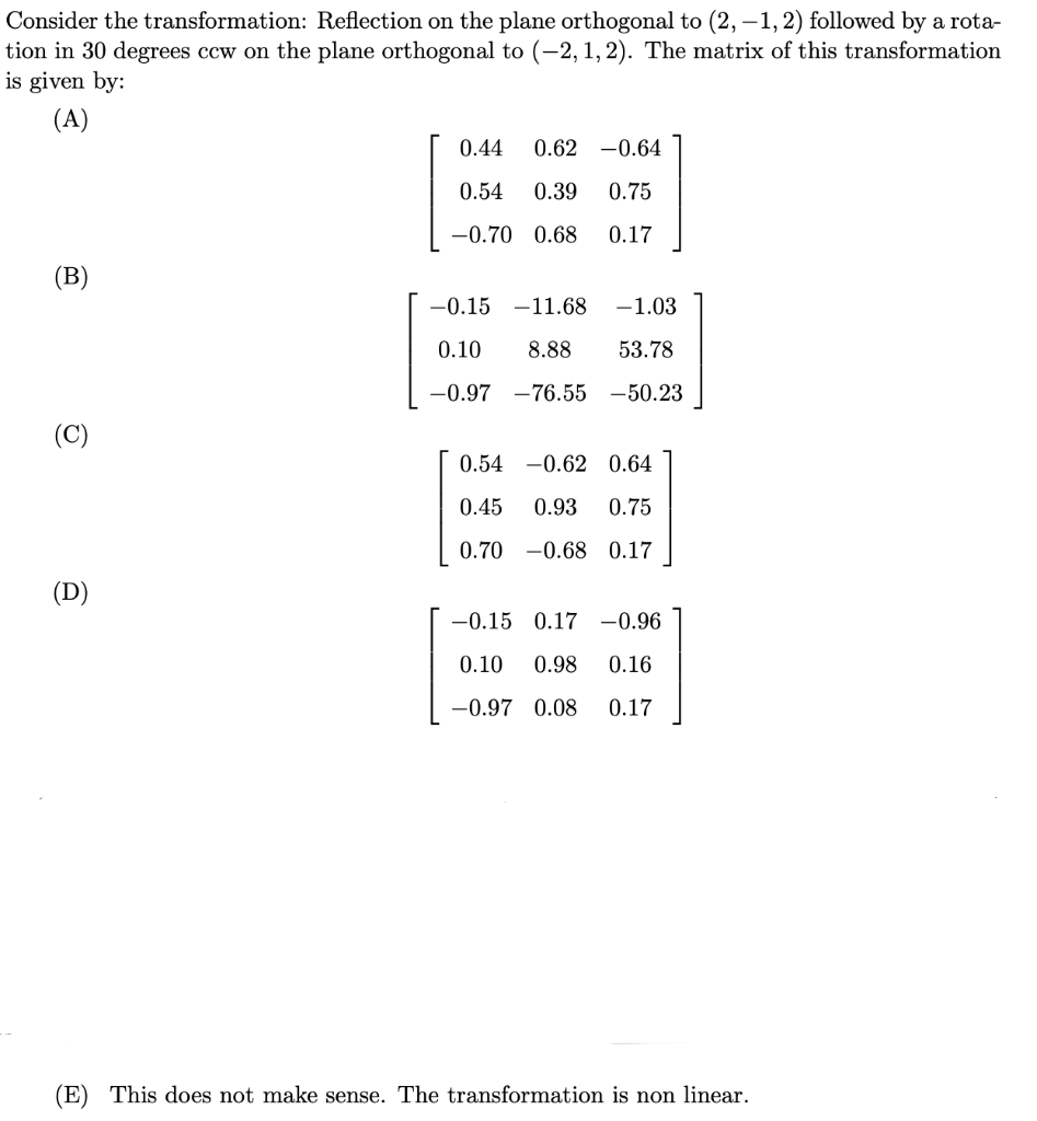 Consider the transformation: Reflection on the plane | Chegg.com