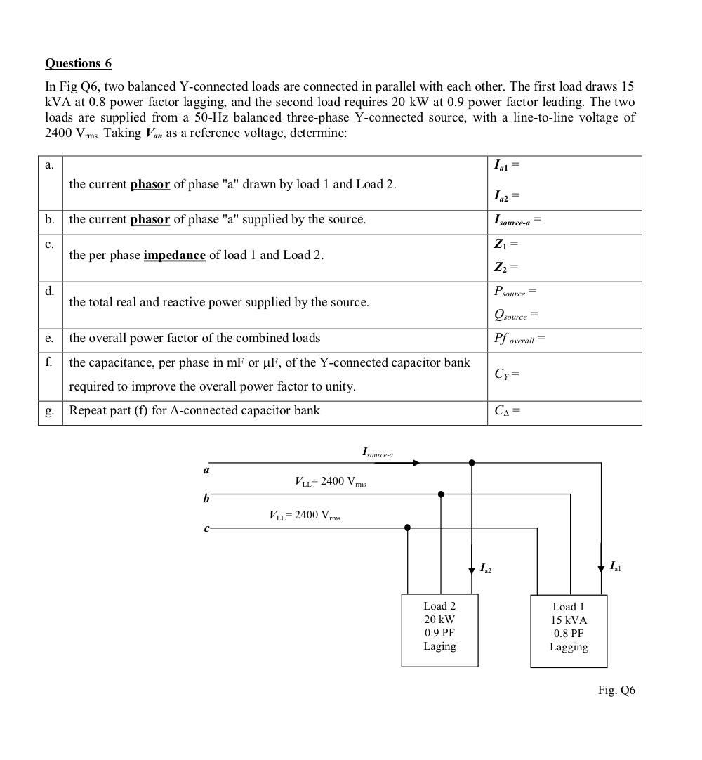 Solved Questions 6 In Fig Q6, two balanced Y-connected loads | Chegg.com