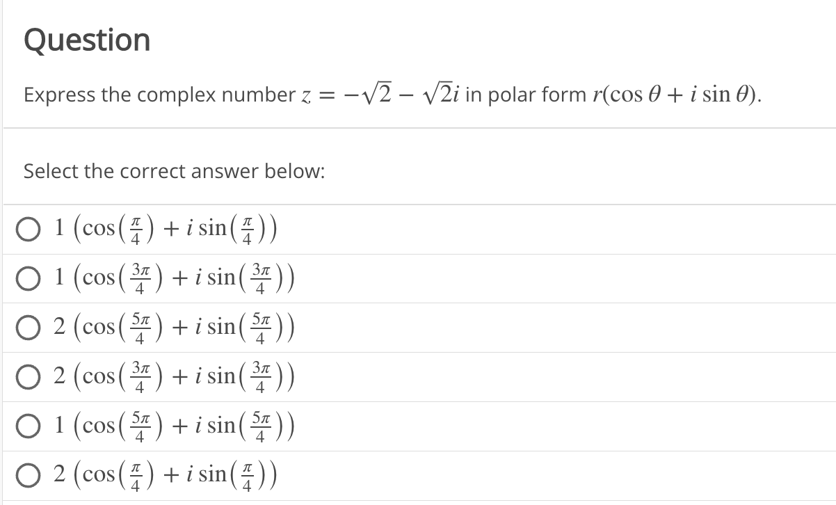 Solved Express the complex number z=−2−2i in polar form | Chegg.com
