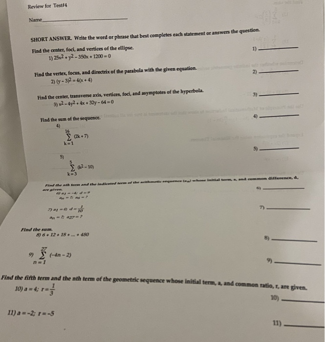 Solved Review for Test#4 Name, SHORT ANSWER. Write the word | Chegg.com