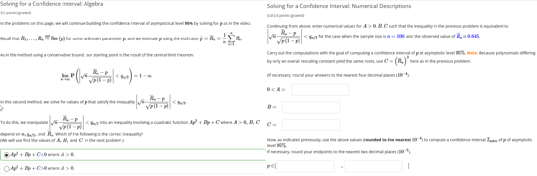 Solving for a Confidence Interval: Algebra 2/2 points | Chegg.com