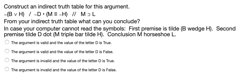 Solved Construct an indirect truth table for this argument. | Chegg.com