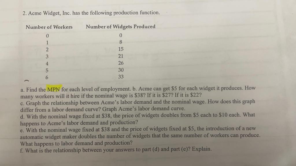 2. Acme Widget, Inc. has the following production | Chegg.com
