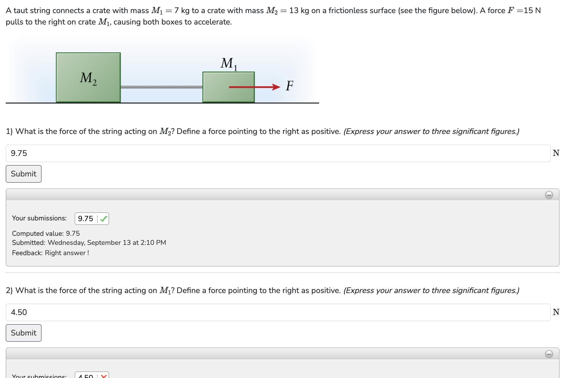 Solved A taut string connects a crate with mass M1=7 kg to a | Chegg.com