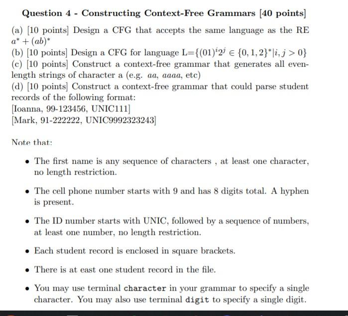 Solved Question 4 - Constructing Context-Free Grammars (40 | Chegg.com