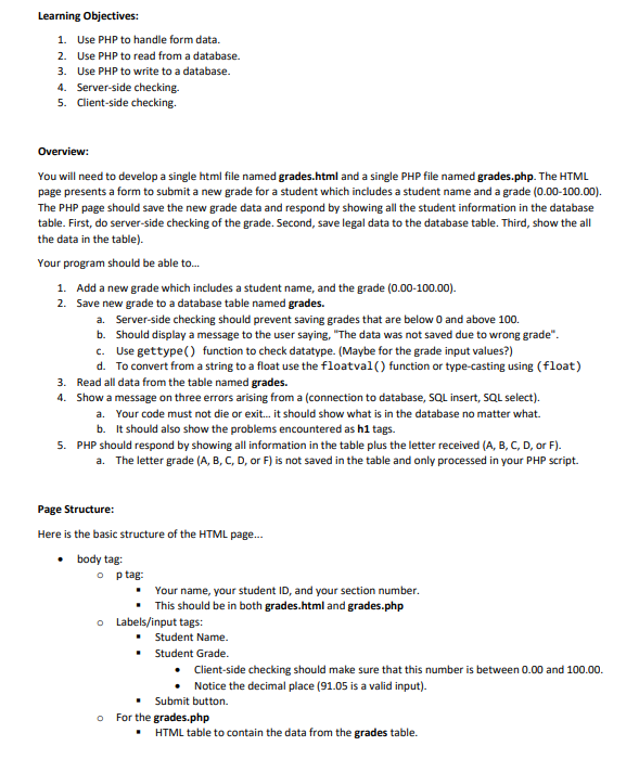 Learning Objectives: 1. Use PHP to handle form data. | Chegg.com