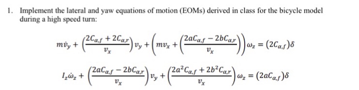 Implement the lateral and yaw equations of motion | Chegg.com
