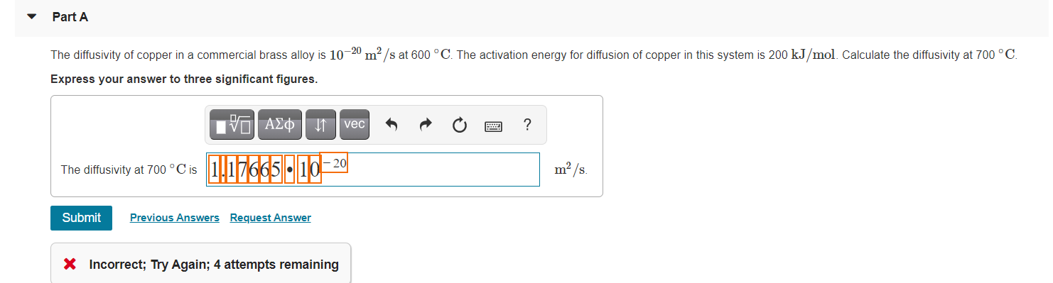 Solved Part A The diffusivity of copper in a commercial | Chegg.com