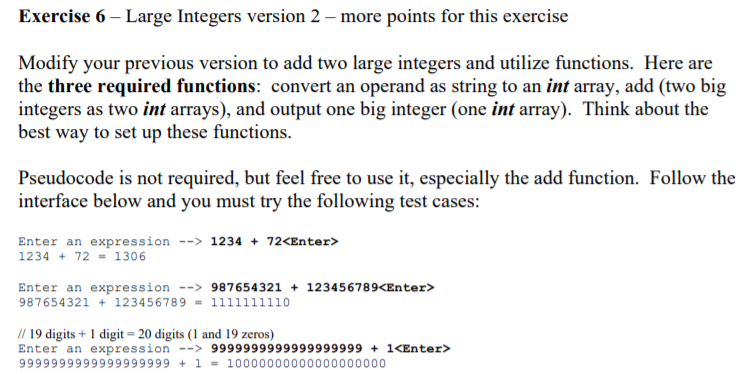Solved Exercise 6 – Large Integers version 2 – more points | Chegg.com