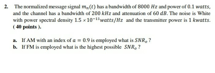 Solved 2. The normalized message signal mn(t) has a | Chegg.com