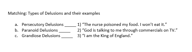 Solved Matching: Types of Delusions and their examples a. | Chegg.com