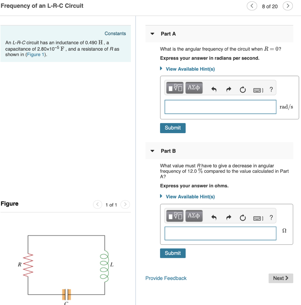 Solved Frequency of an L-R-C Circuit 8 of 20 > Constants | Chegg.com