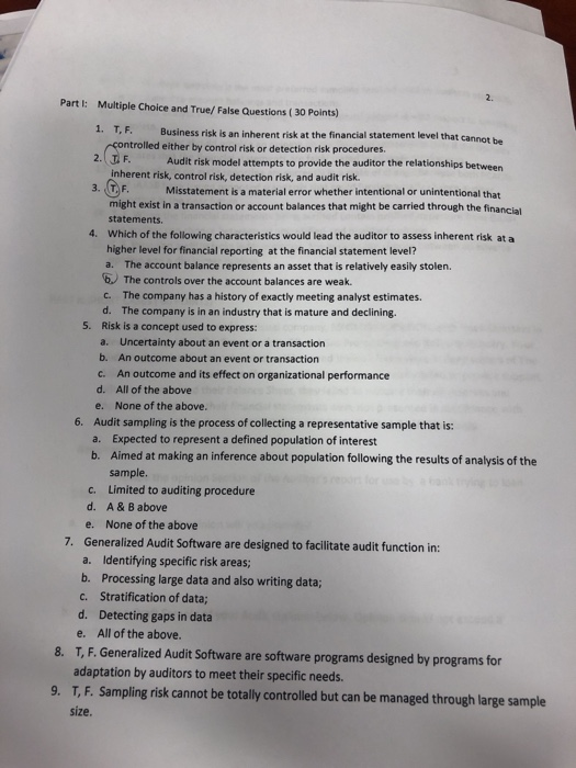 Solved 2. Part I: Multiple Choice and True/ False Questions | Chegg.com