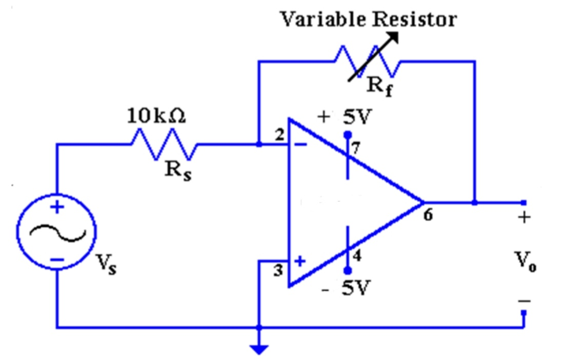 Solved VCC = +-5V Rf(varient resistors) =10k, 20k, 40k, | Chegg.com