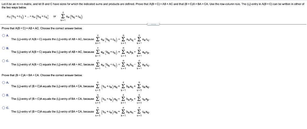 Solved Let A be an mxn matrix, and let B and C have sizes | Chegg.com