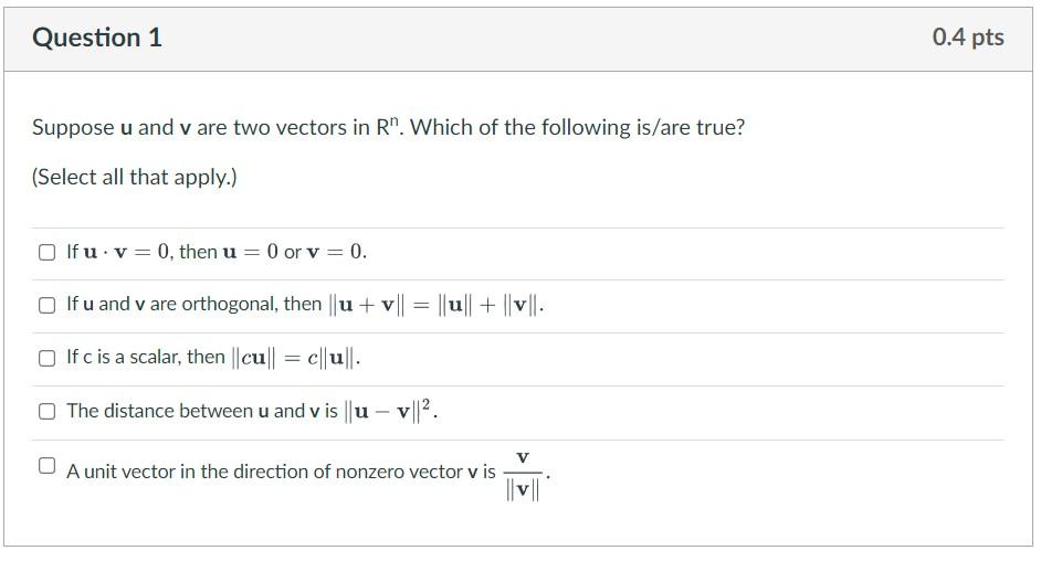 Solved Suppose u and v are two vectors in Rn. Which of the | Chegg.com