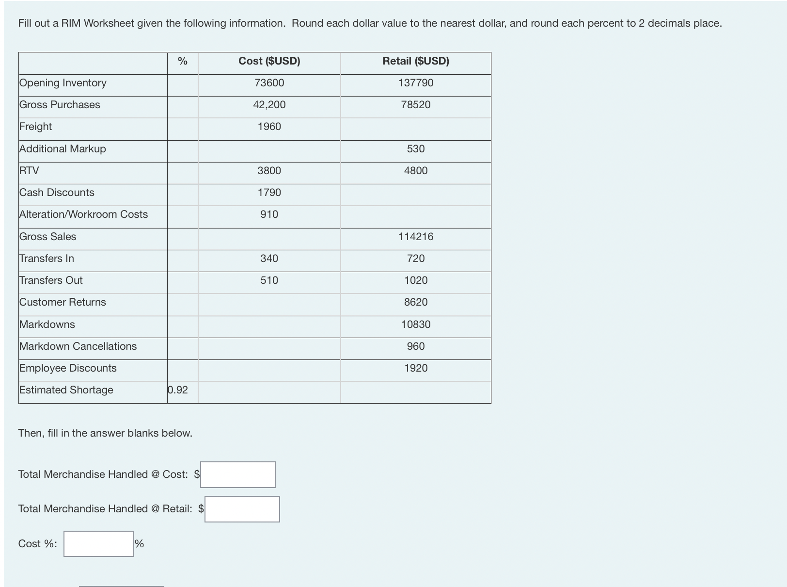 Solved Fill out a RIM Worksheet given the following | Chegg.com