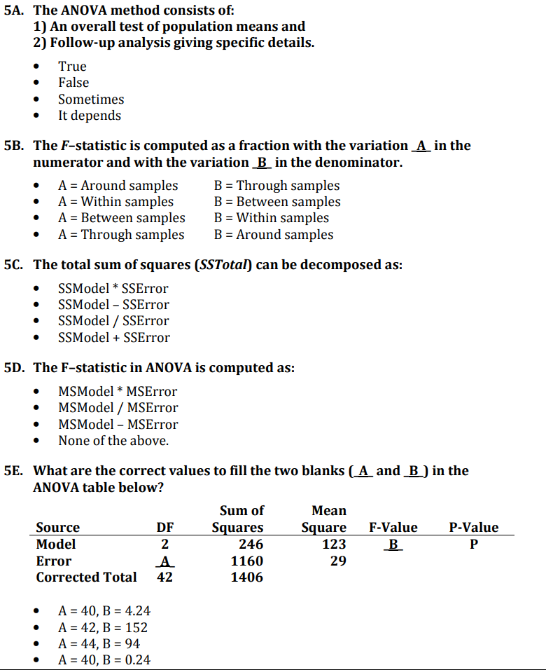Solved 5A. The ANOVA method consists of: 1) An overall test | Chegg.com