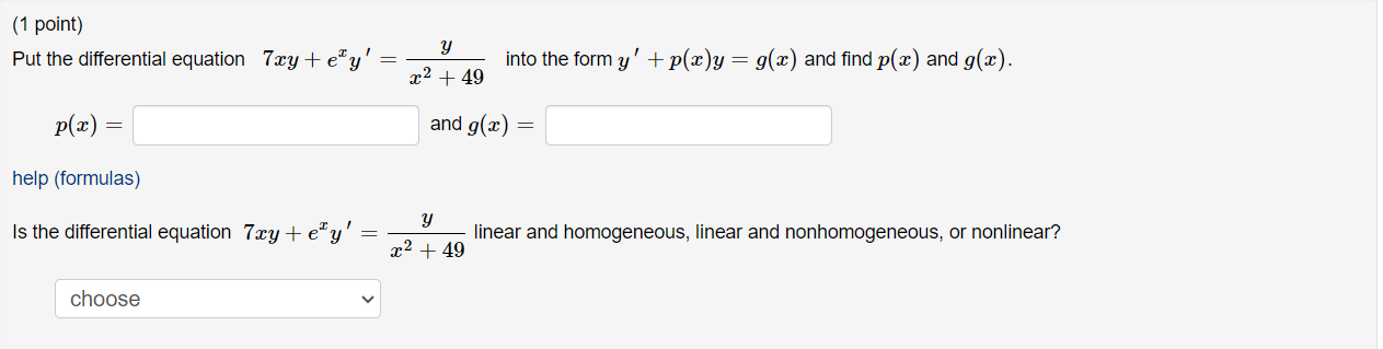 Put the differential equation 7xy+exy′=yx2+49 | Chegg.com