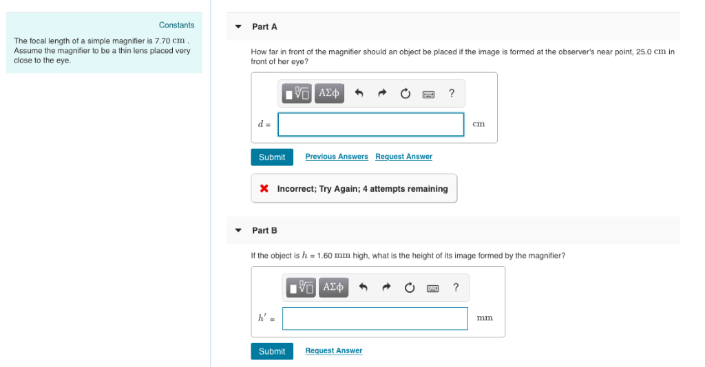 Solved The focal length of a simple magnifier is 7.70 cm | Chegg.com