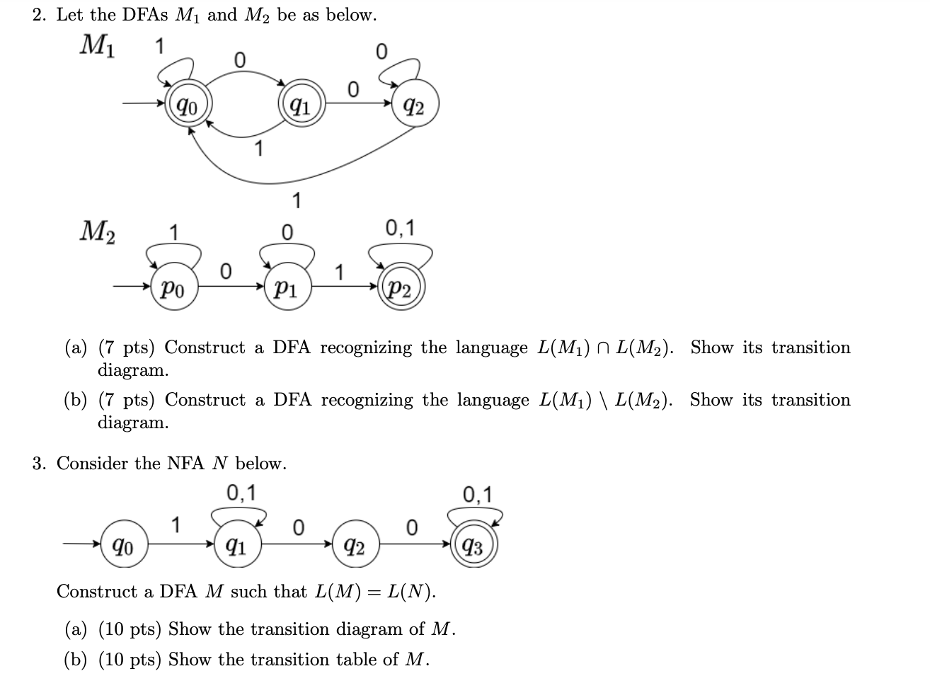 Solved 2. Let the DFAs M1 and M2 be as below. (a) (7 pts) | Chegg.com