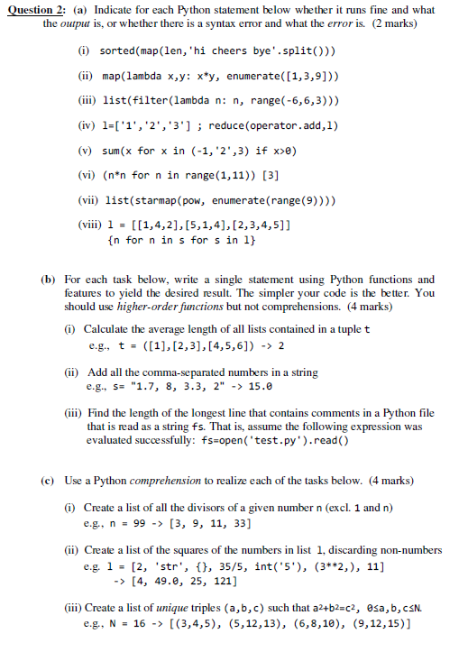 Solved Question 2: (a) Indicate for each Python statement | Chegg.com