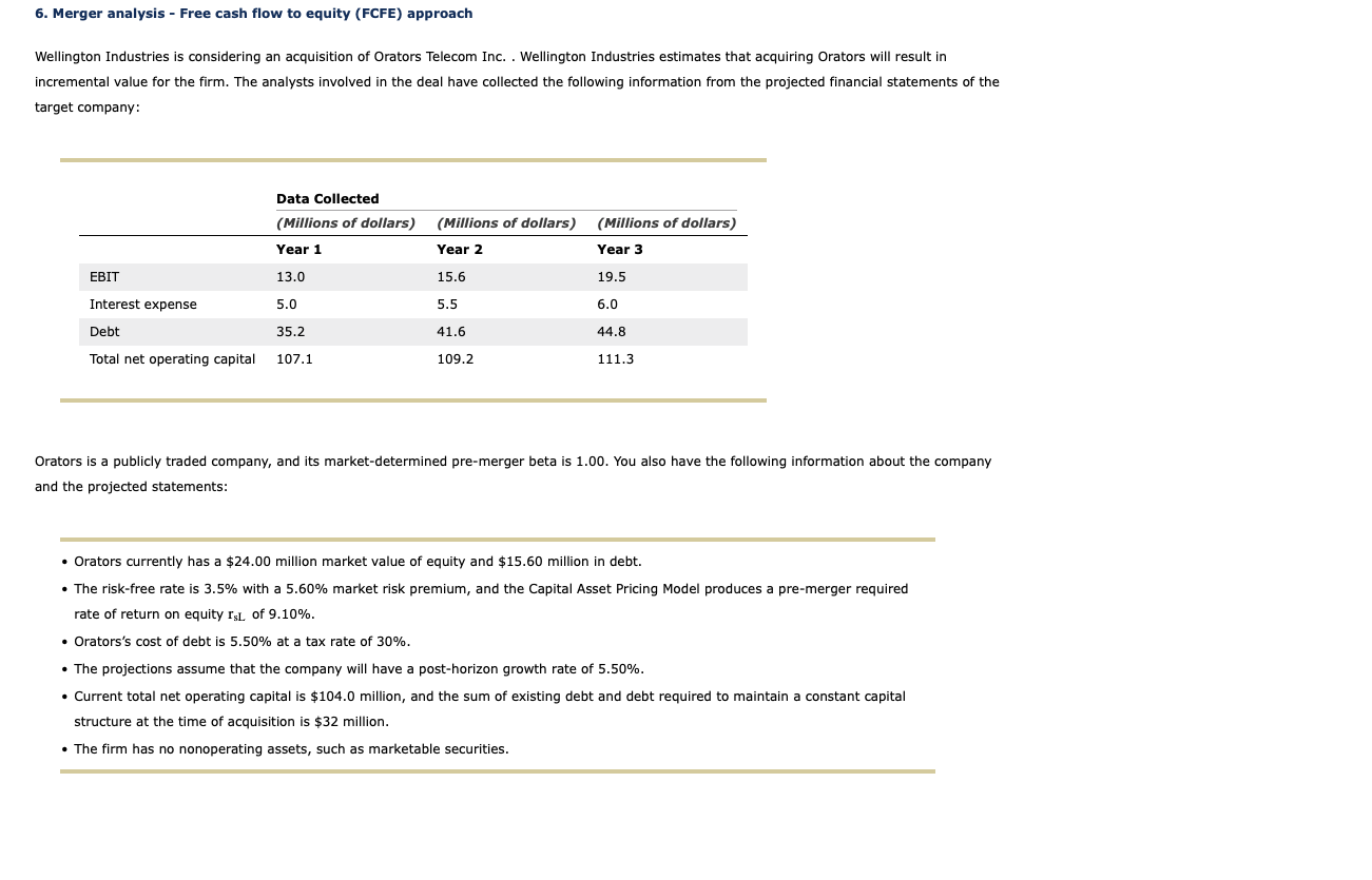 6. Merger analysis - Free cash flow to equity (FCFE) | Chegg.com